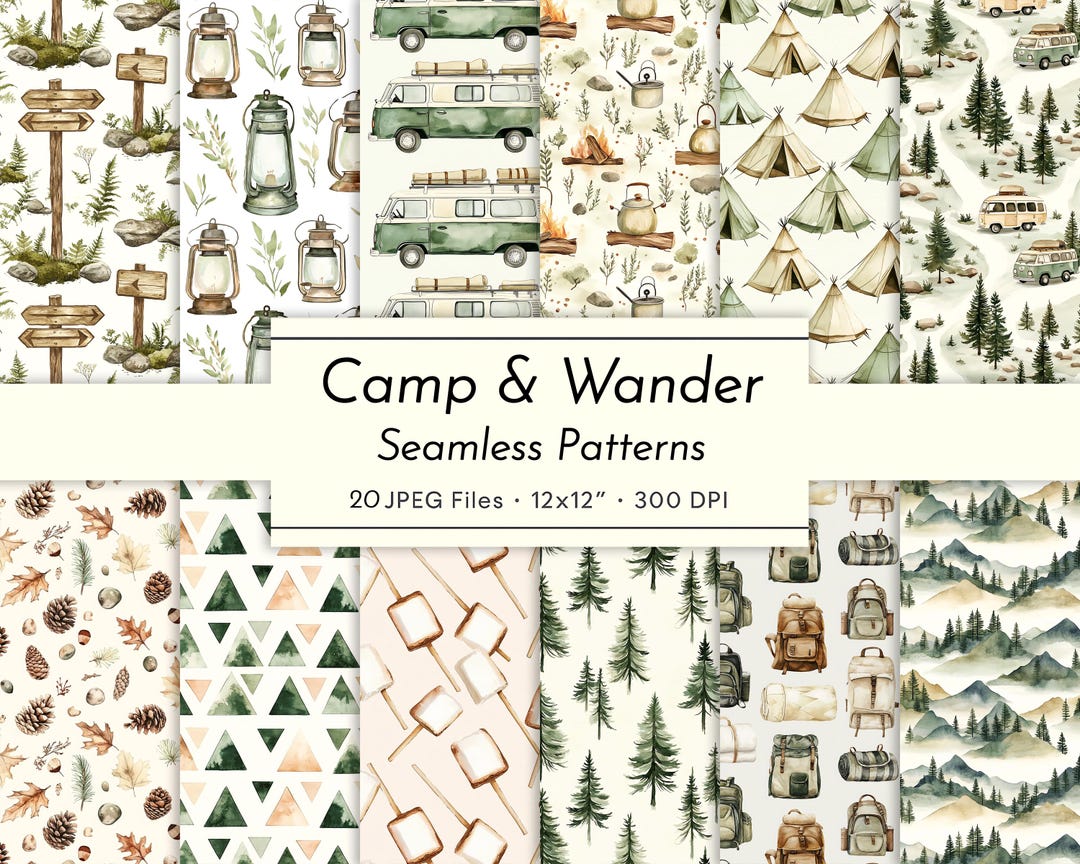 Camp & Wander – Watercolor Camping Seamless Patterns | Nature, Forest, Tent, Van | Digital Paper ...
