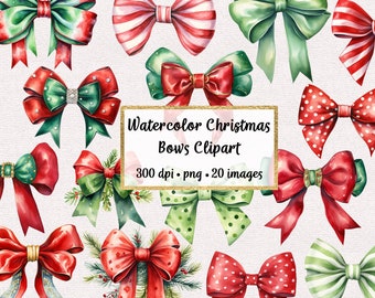 Christmas Bows and Plants, PNG Watercolor Clipart, Instant Download ...