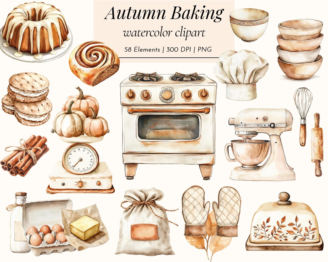 Watercolor Autumn Baking Clipart: Pumpkin Spice Kitchen Graphics (PNG ...