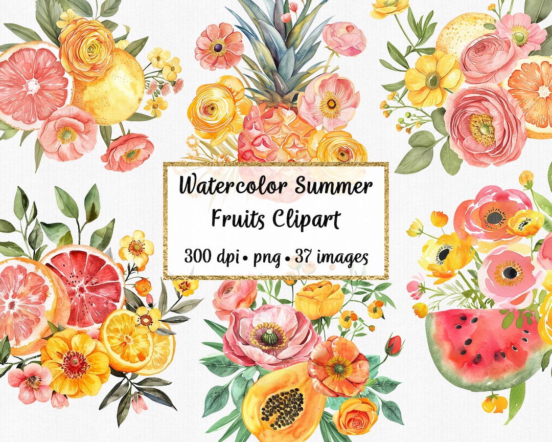 Watercolor Floral Summer Fruits Clipart, Commercial Use - Etsy