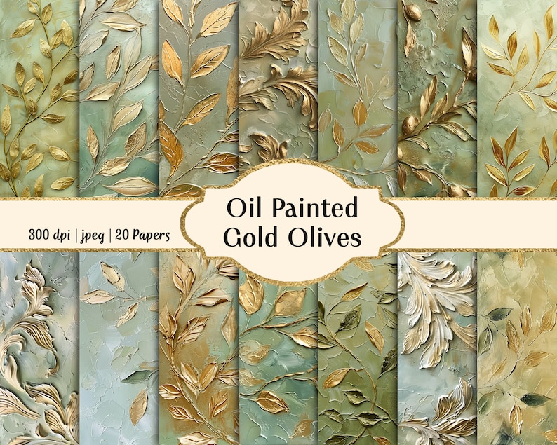 Gold Olive Leaves Oil Painting Digital Papers, Commercial Use - Etsy