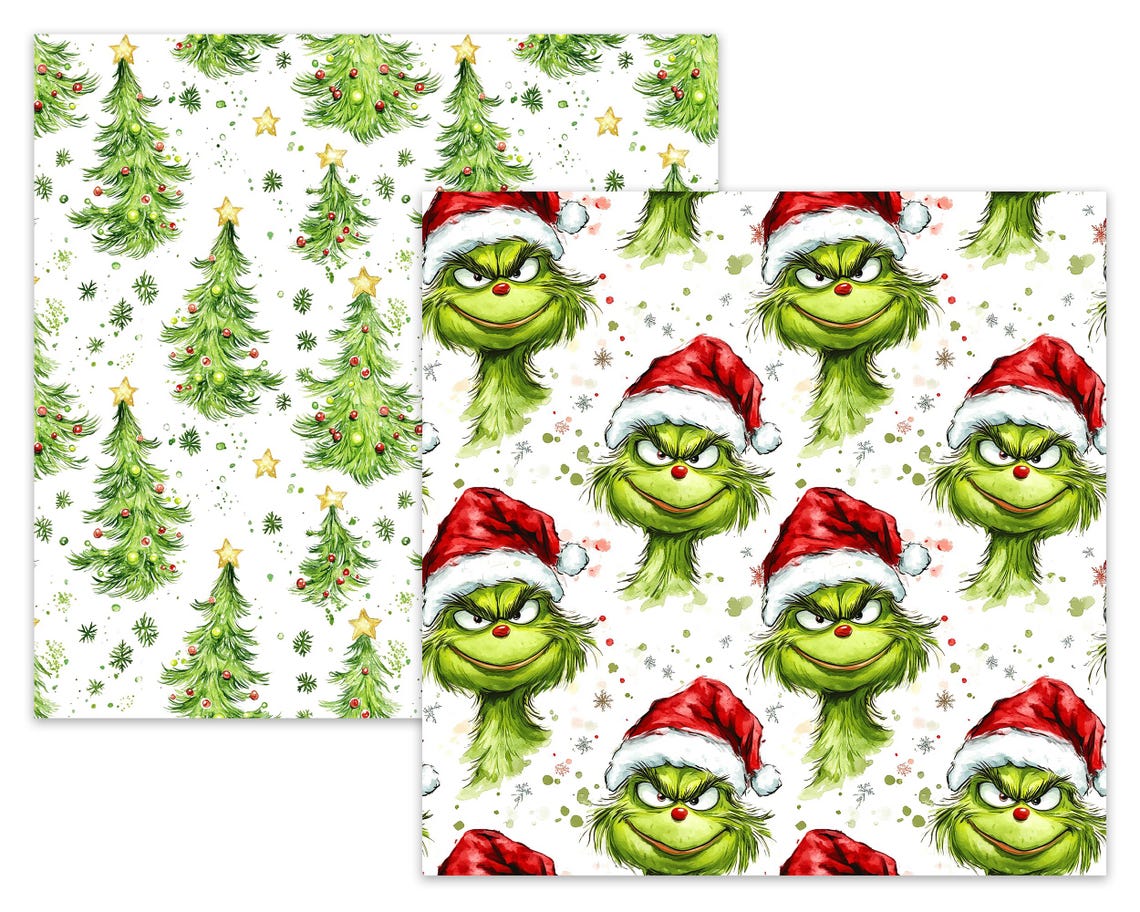 Watercolor Christmas Grinch, Printable Scrapbook Paper, Seamless ...