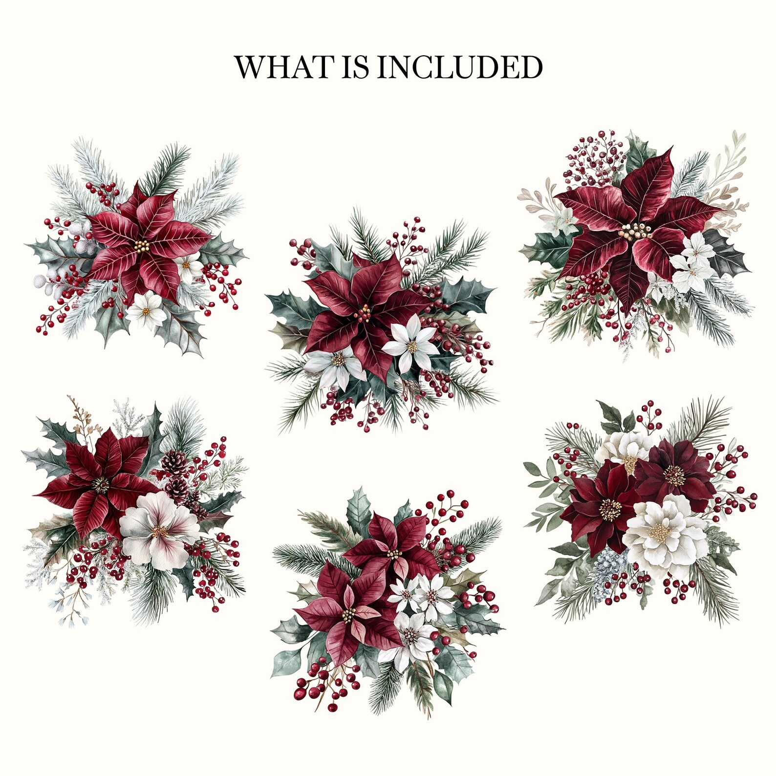 Watercolor Christmas Floral Clipart, Burgundy Poinsettia & Peony ...