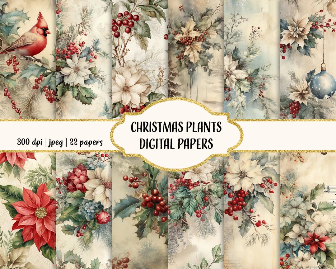 Christmas Plants Digital Papers, Printable Scrapbook Paper, Instant ...