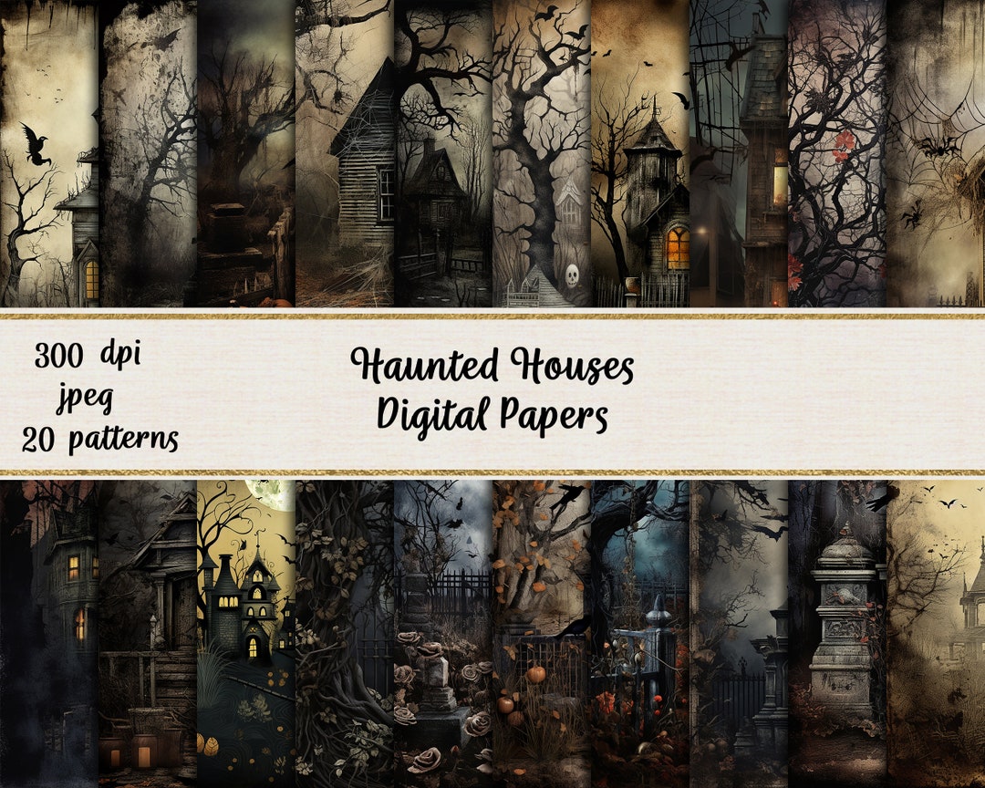 Haunted Houses Digital Papers, Printable Scrapbook Paper, Halloween ...