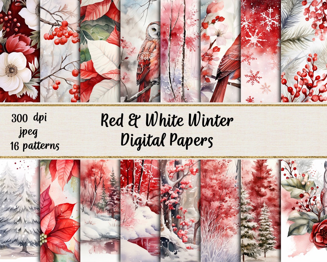Watercolor Red Winter Digital Papers, Printable Scrapbook Paper, Winter ...