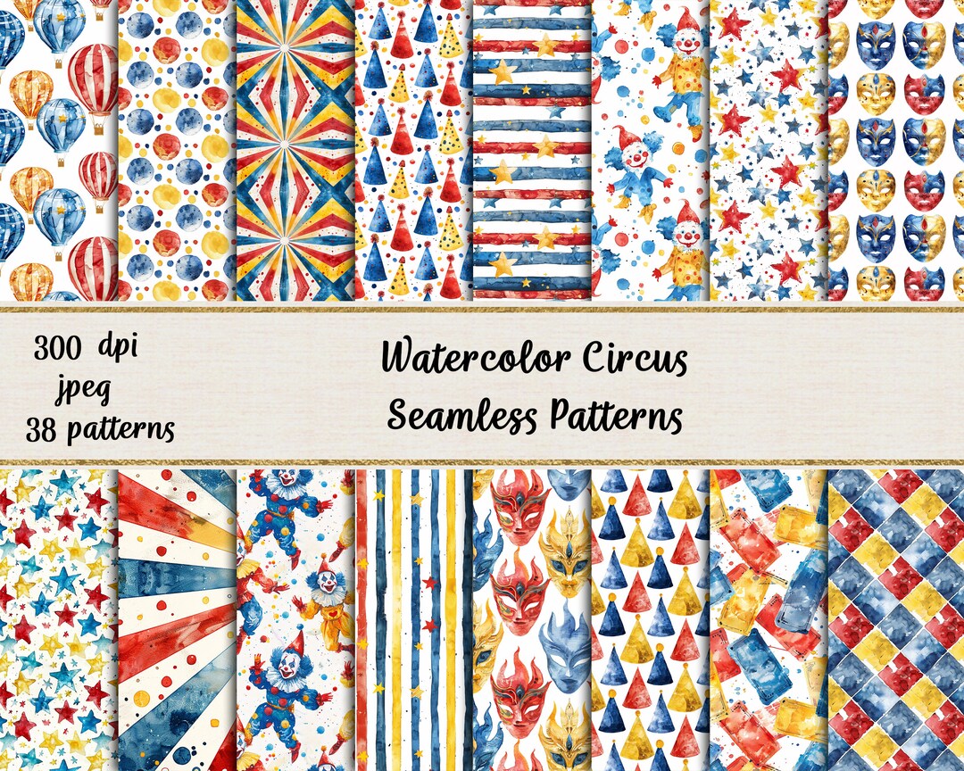 Watercolor Circus Seamless Patterns, Circus-themed Digital Papers ...