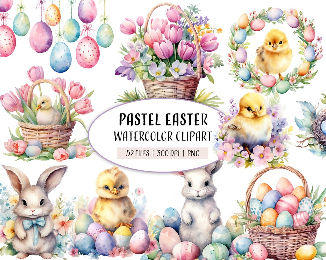 Watercolor Easter Clipart: Pastel Spring Illustrations (PNG) - Etsy