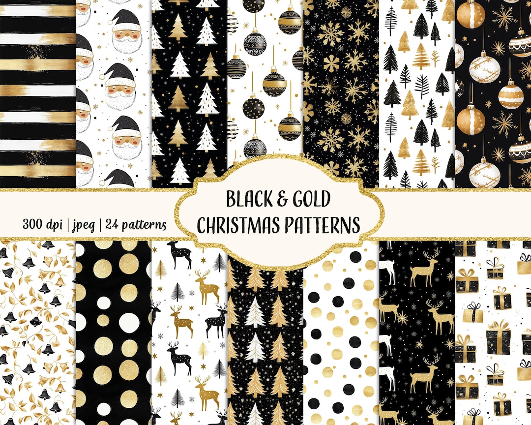 Black and Gold Christmas, Digital Paper Pack, Seamless Patterns ...