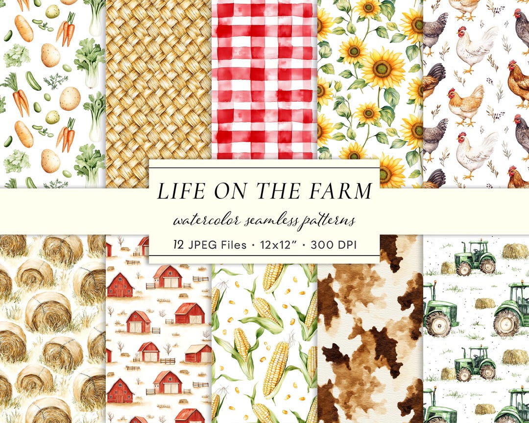Life on the Farm Watercolor Patterns | Farmhouse Seamless Digital ...