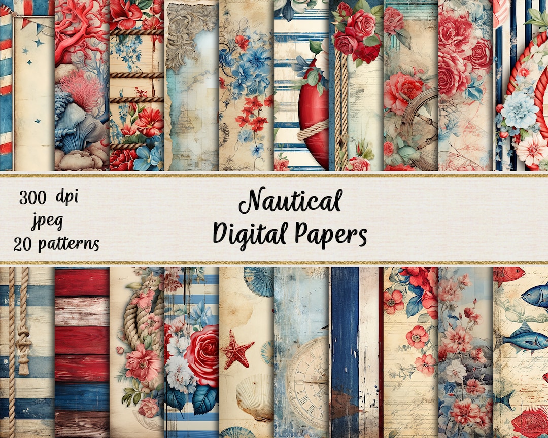 Nautical Digital Paper Set: Red, White & Blue Scrapbook Designs ...