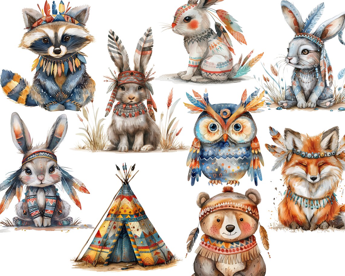 Watercolor Tribal Animals Clipart, PNG Images (digital Download) - Etsy