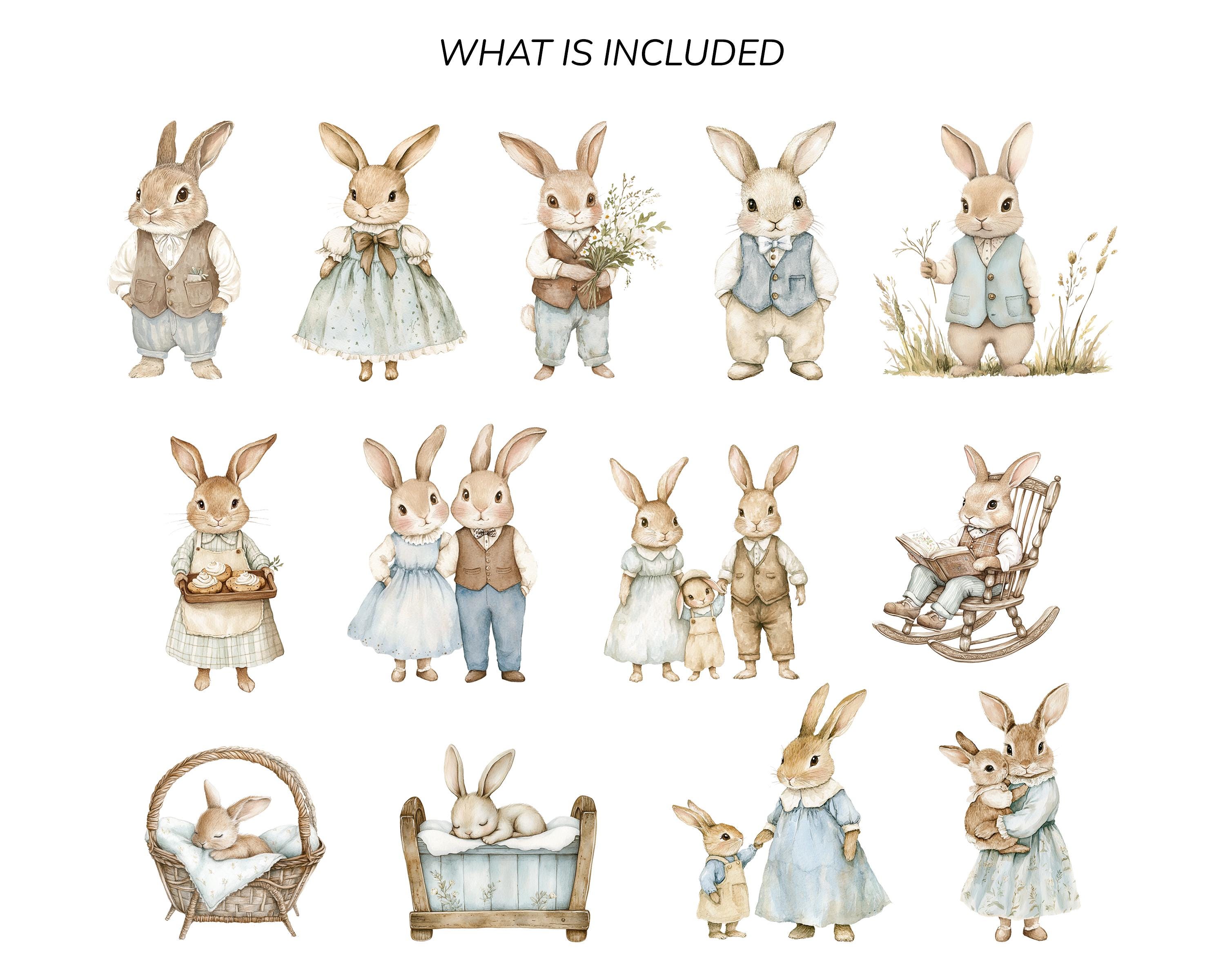Watercolor Bunny Family Clipart, Cottage Easter Animals (PNG) - Etsy