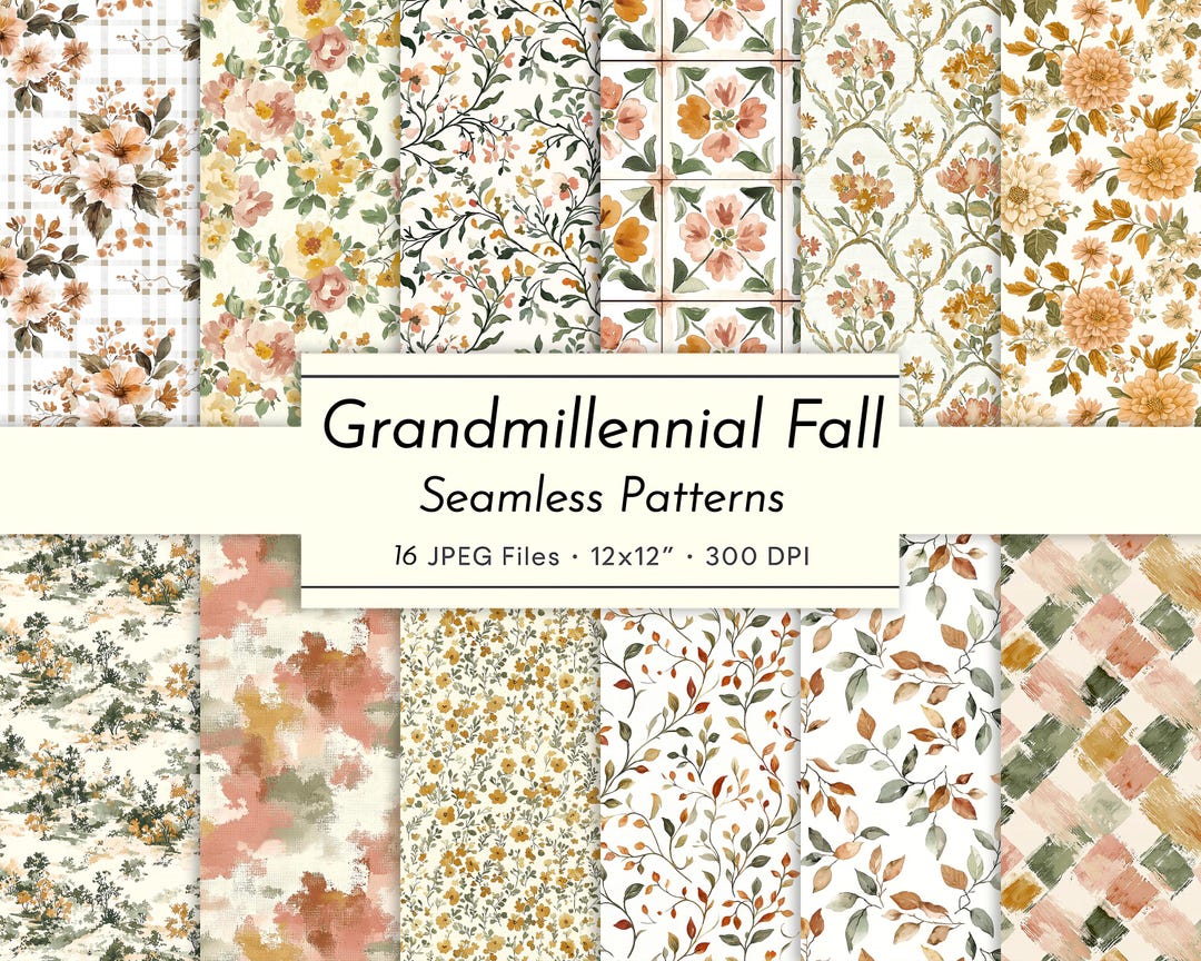 Grandmillennial Fall – Vintage Seamless Patterns, Watercolor Floral ...