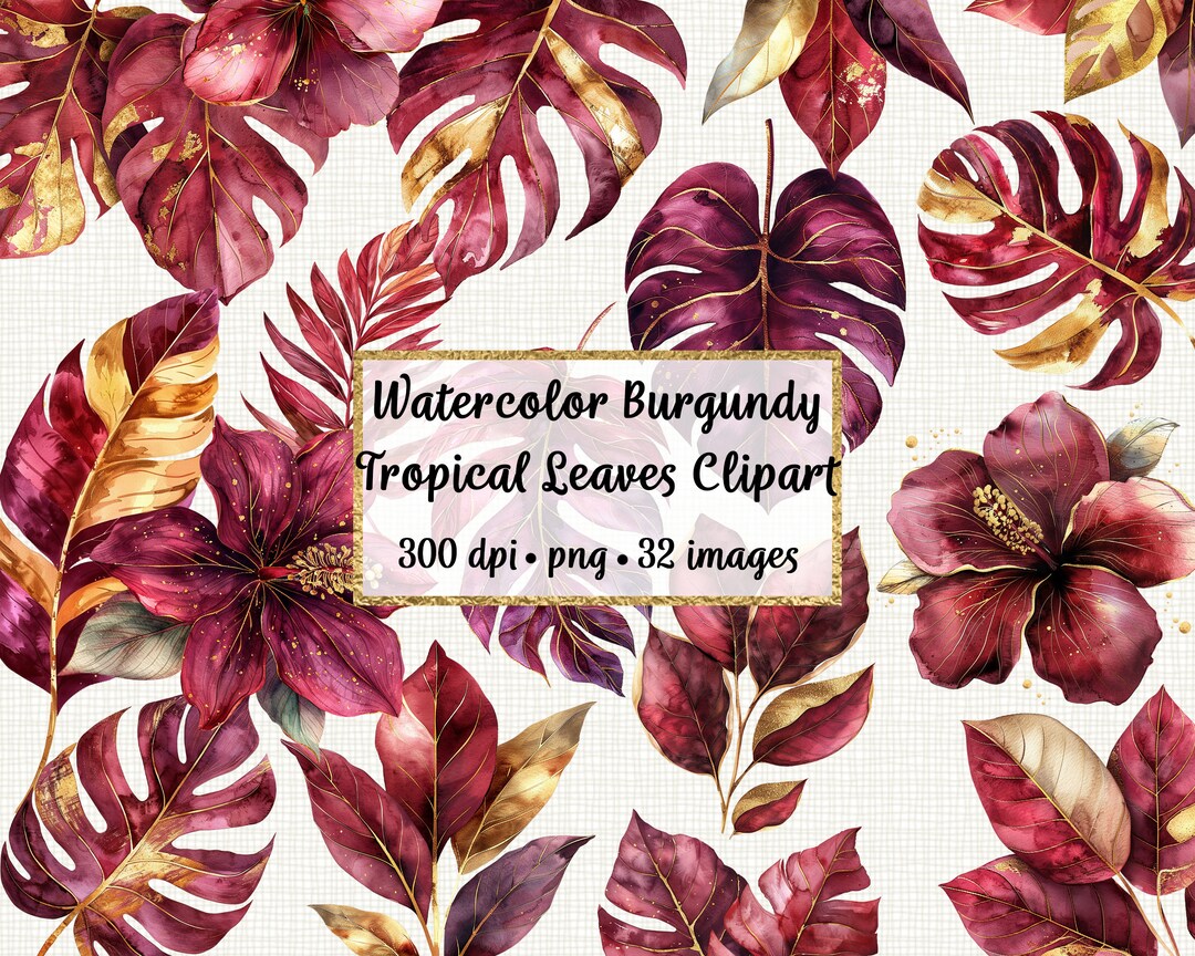 Watercolor Burgundy and Gold Tropical Leaves Clipart, Commercial Use - Etsy