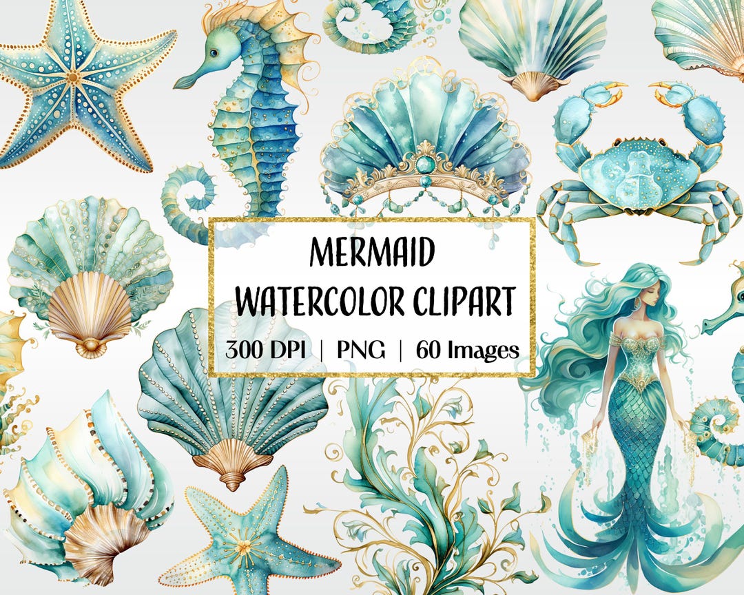 Watercolor Mermaid Clipart, Printable Under the Sea Clip Art ...