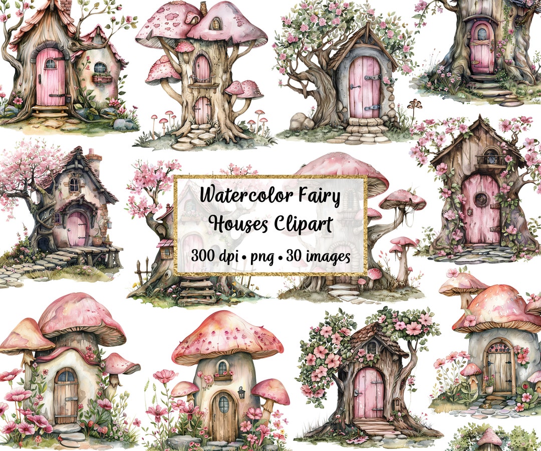 Watercolor Pink Fairy Houses Clipart, Commercial Use - Etsy