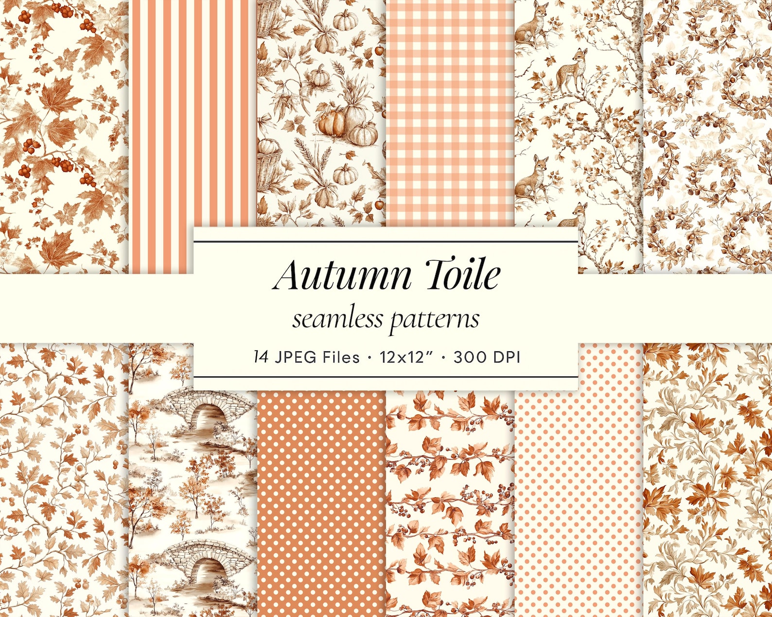 Autumn Toile Seamless Patterns: Vintage Fall Harvest Designs (digital ...