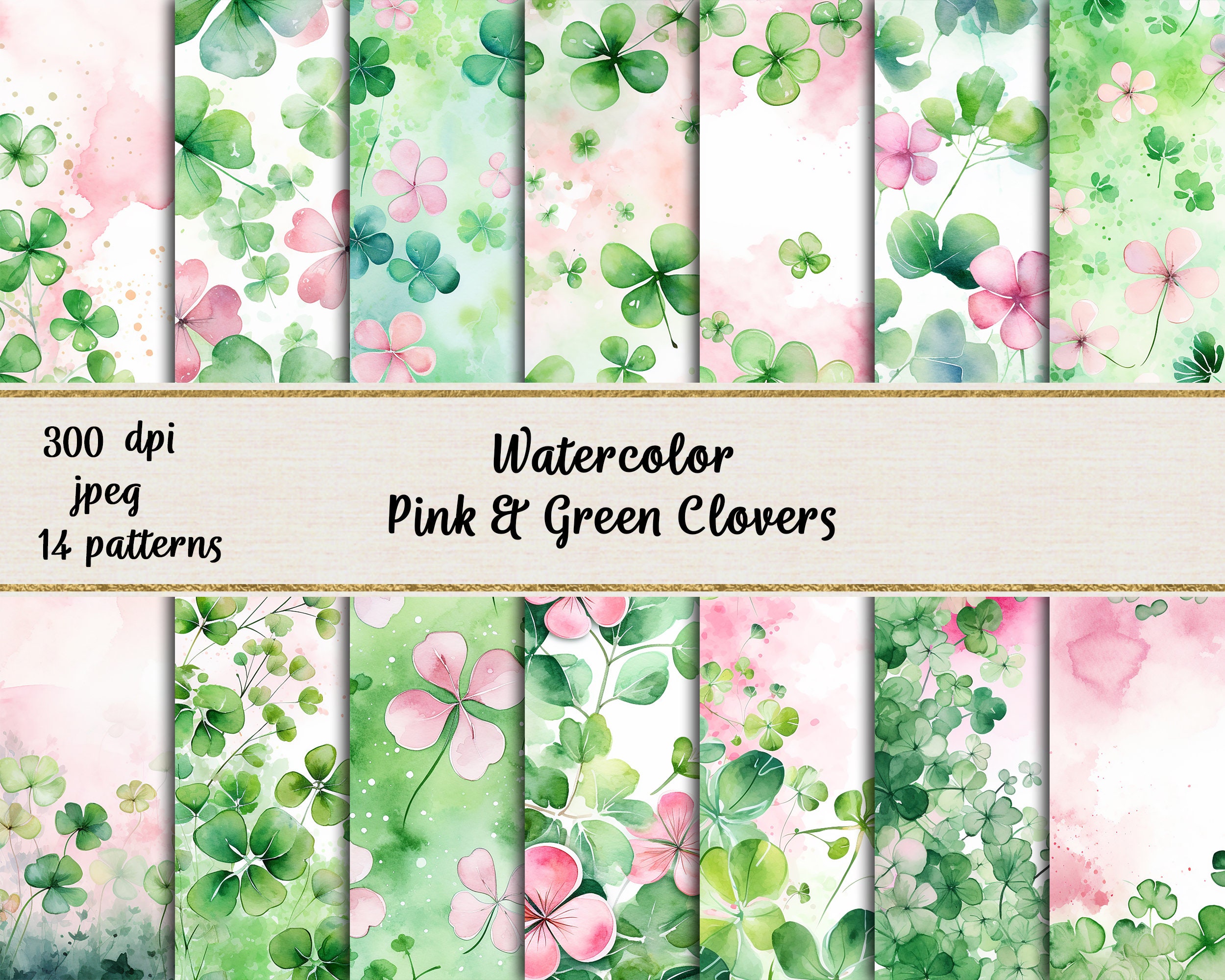 Watercolor Green and Pink Clovers, Printable Scrapbook Paper, Instant ...