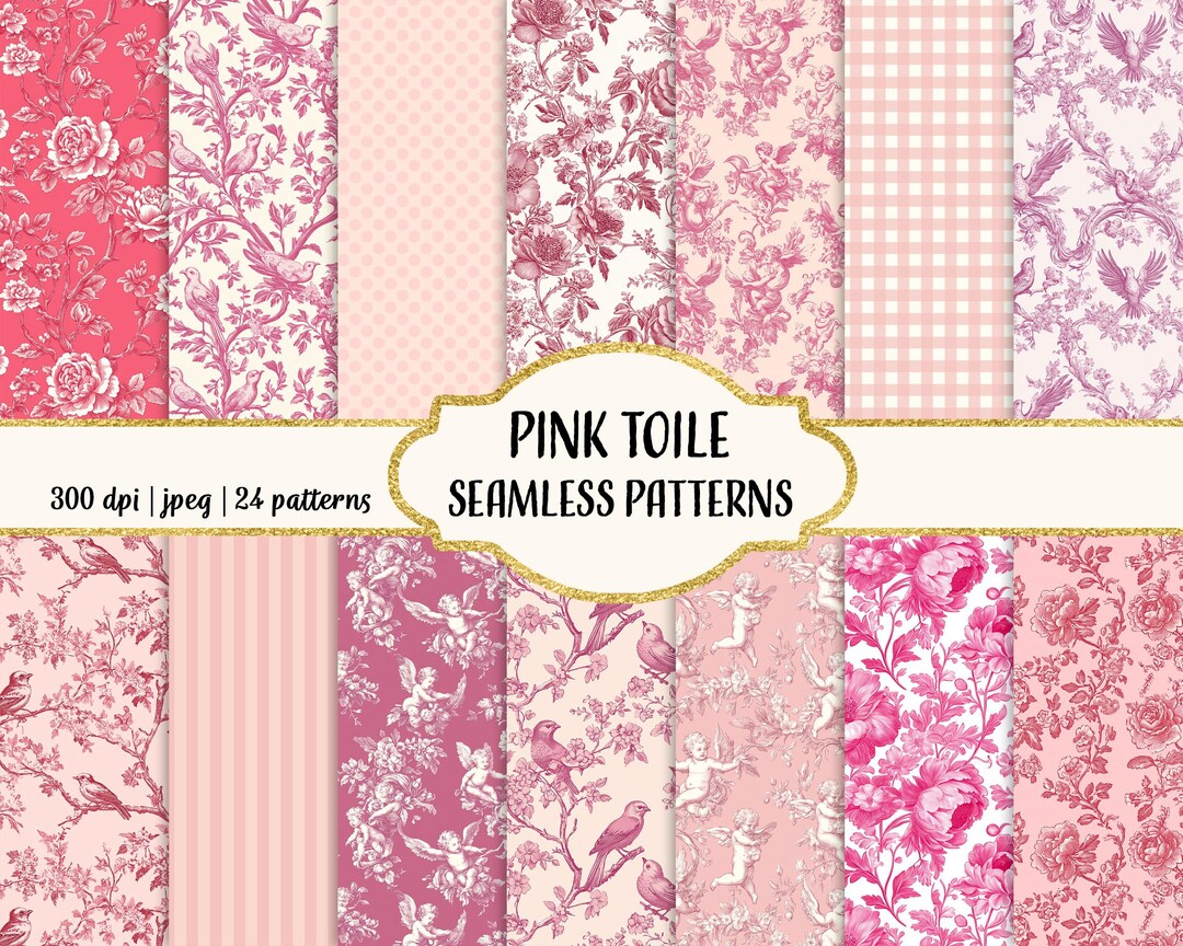 Pink Toile Seamless Patterns, Printable Scrapbook Paper, Valentine's ...