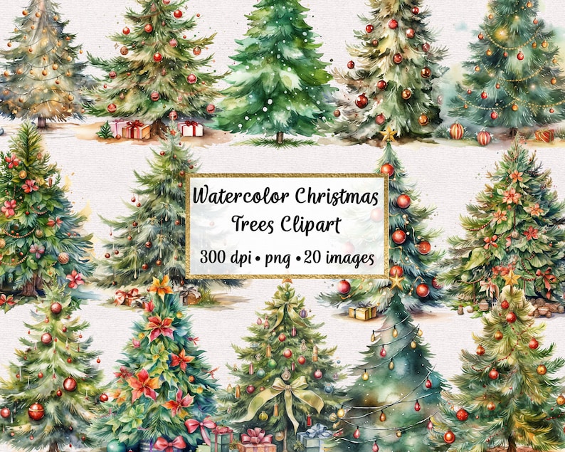 Watercolor Christmas Trees Clipart: 20 PNG Images (digital Download) - Etsy