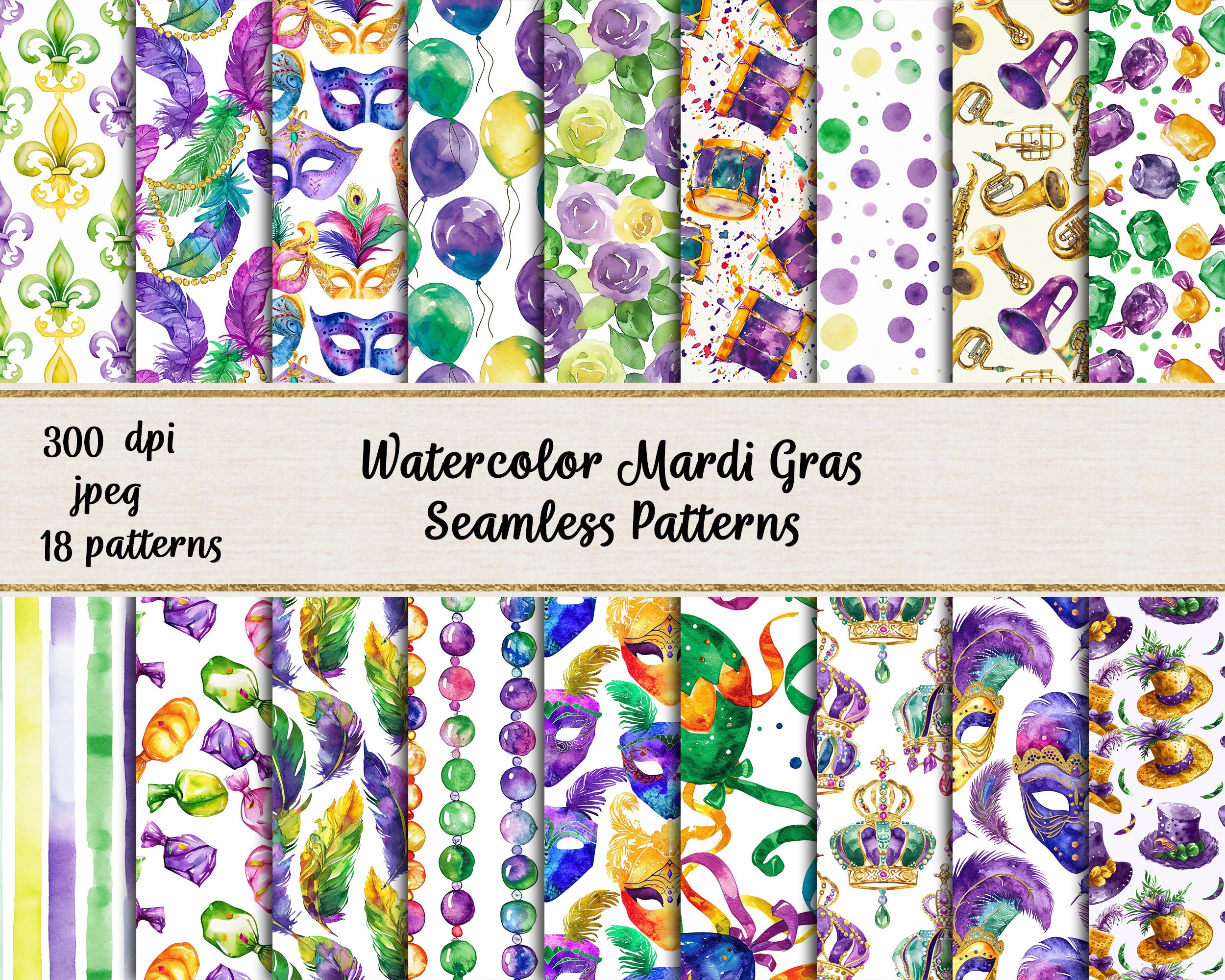 Watercolor Mardi Gras Seamless Patterns - Etsy