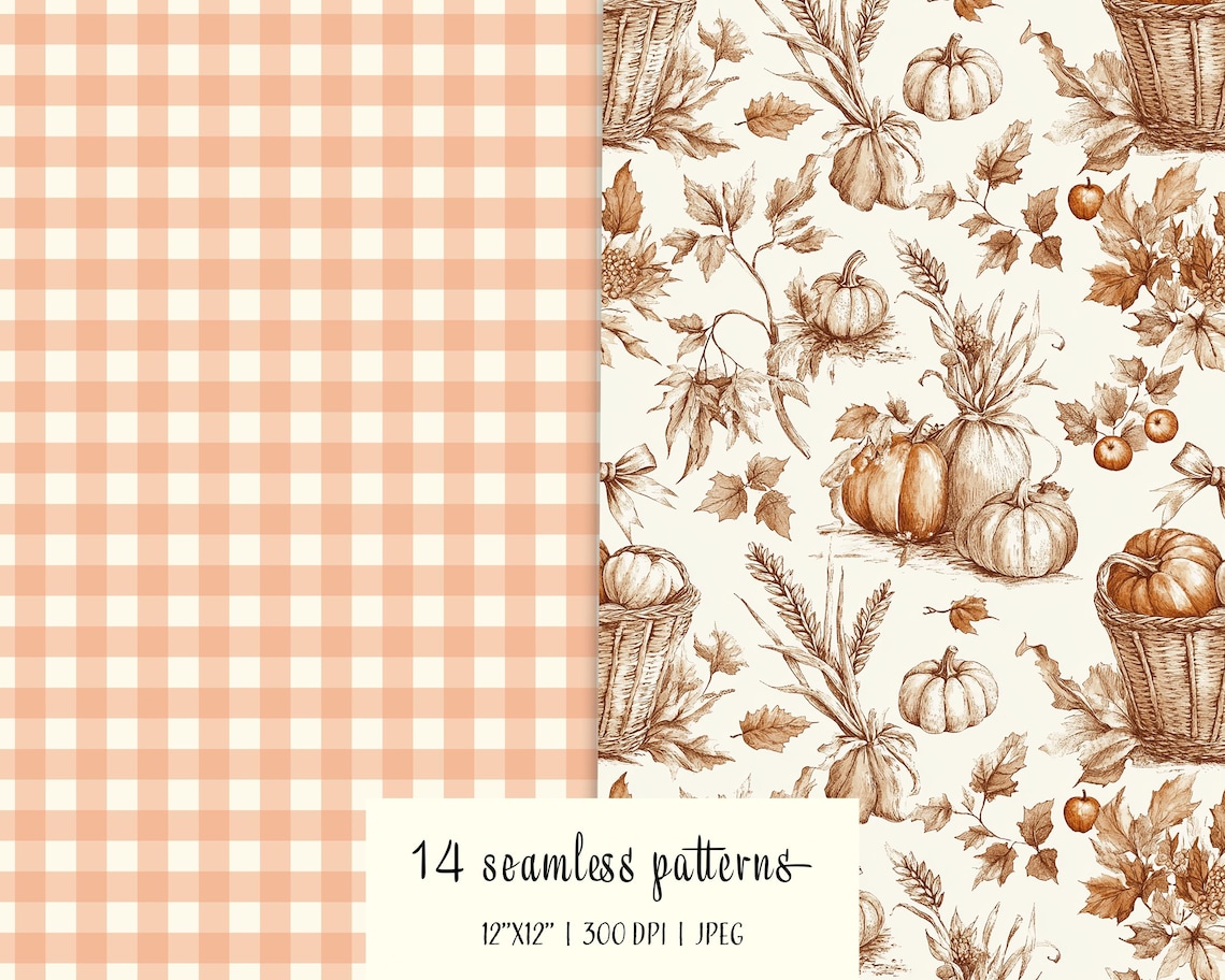 Autumn Toile Seamless Patterns: Vintage Fall Harvest Designs (digital ...