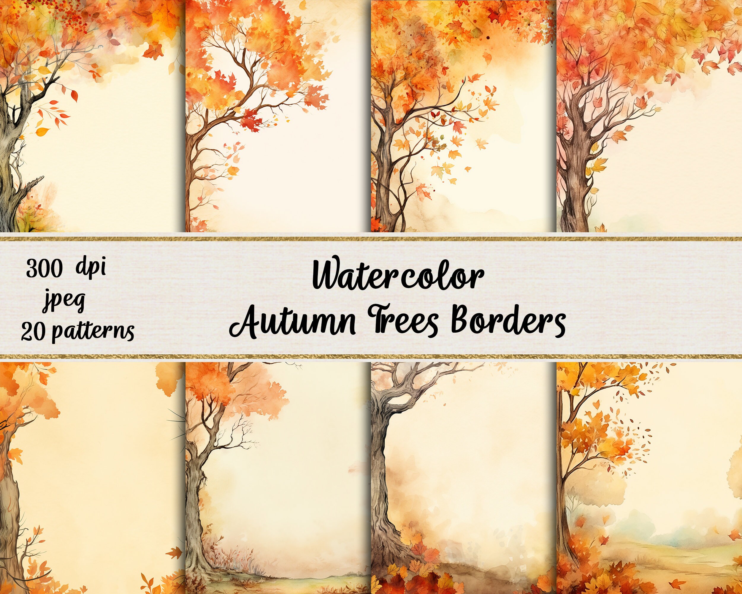 Watercolor Autumn Trees Borders, Printable Journal Pages, Commercial ...
