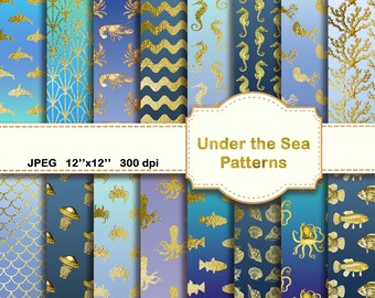Gold and Blue Digital Papers Flower Papers Fairy Tale Patterns Seamless ...