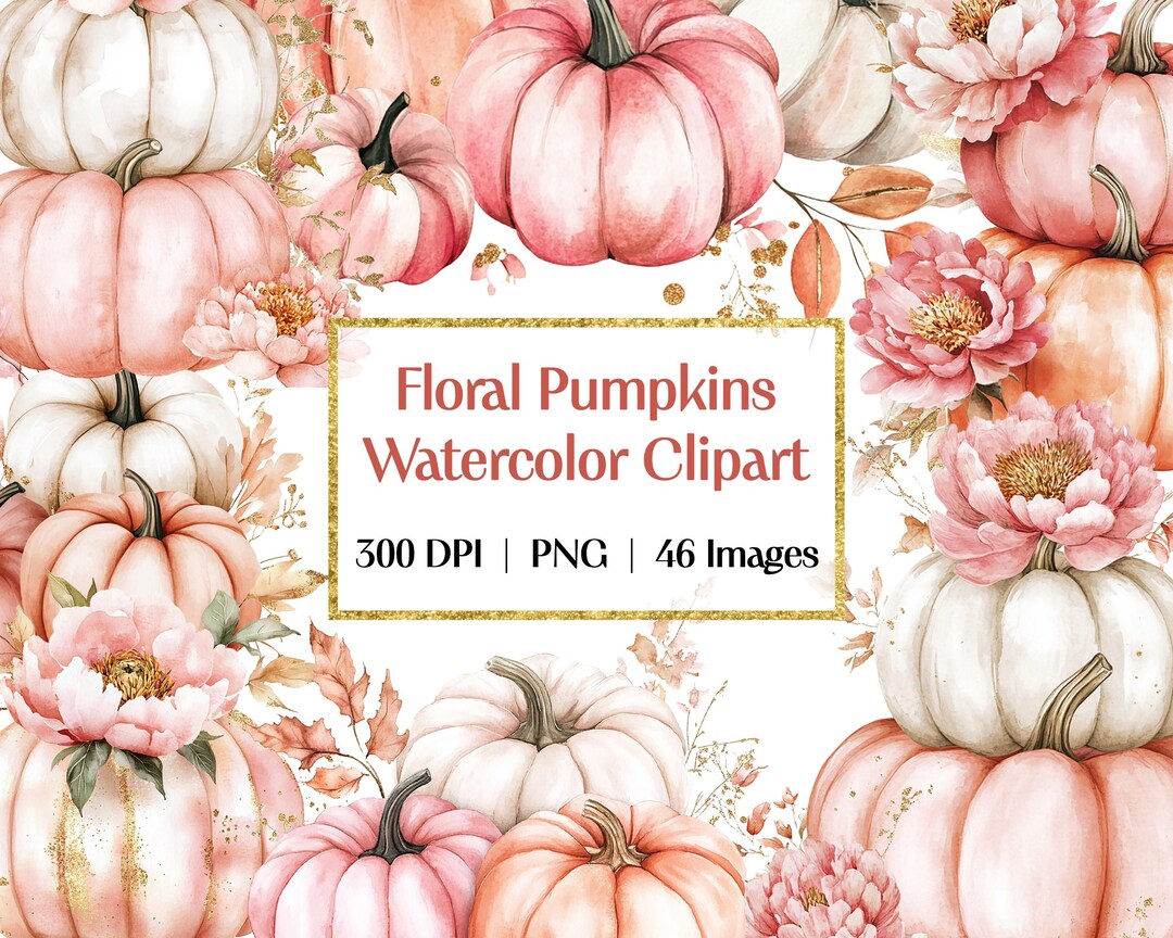 Watercolor Floral Pumpkins Clipart, Pink Pumpkins and Peonies ...