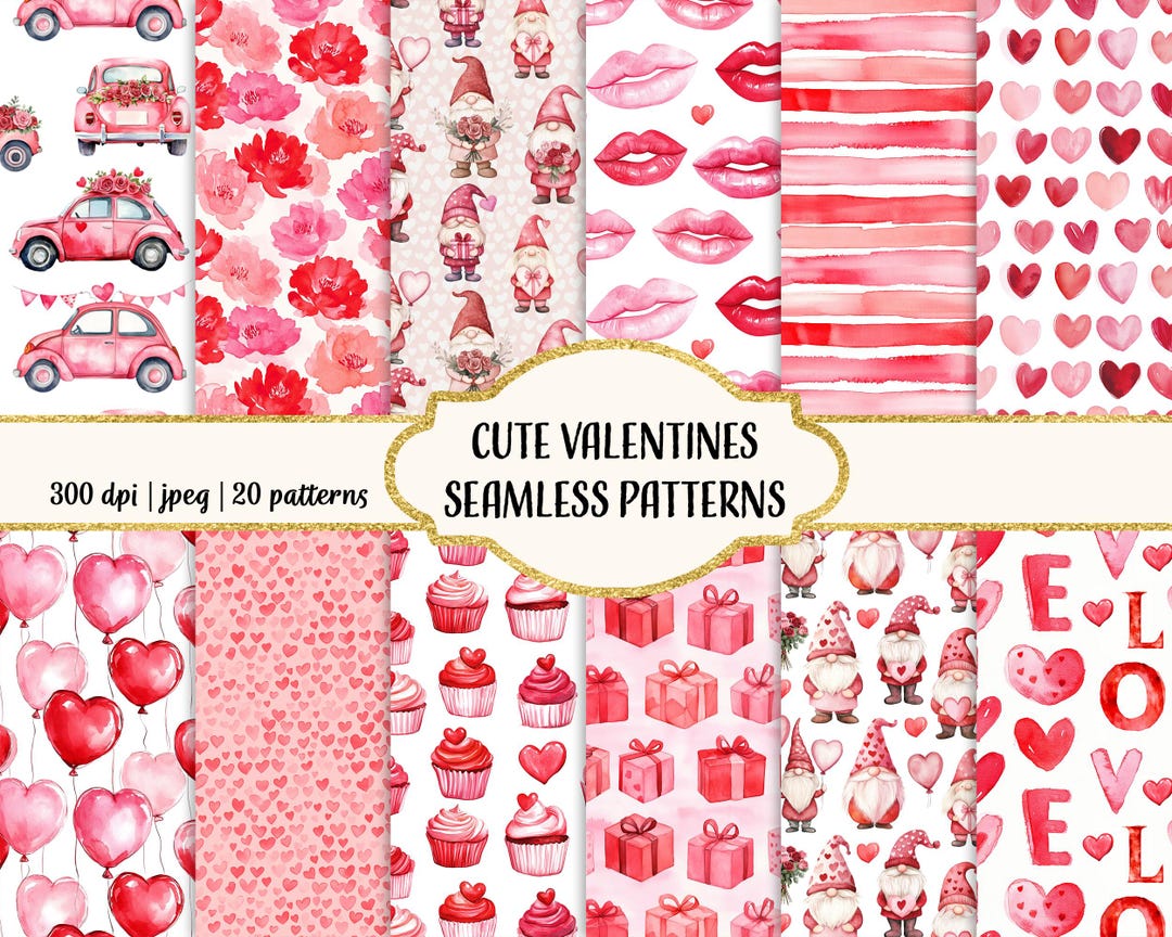 Watercolor Cute Valentines Patterns, Cute Gnomes, Valentine's Day ...