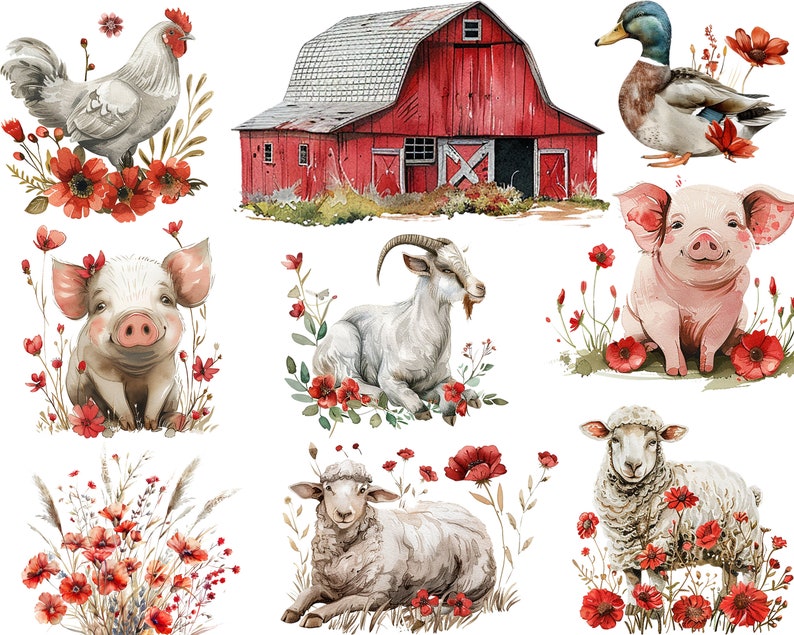 Watercolor Farm Animals Clipart - Etsy