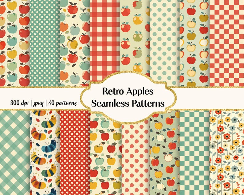 Retro Apples Seamless Patterns, Printable Scrapbook Paper, Instant ...