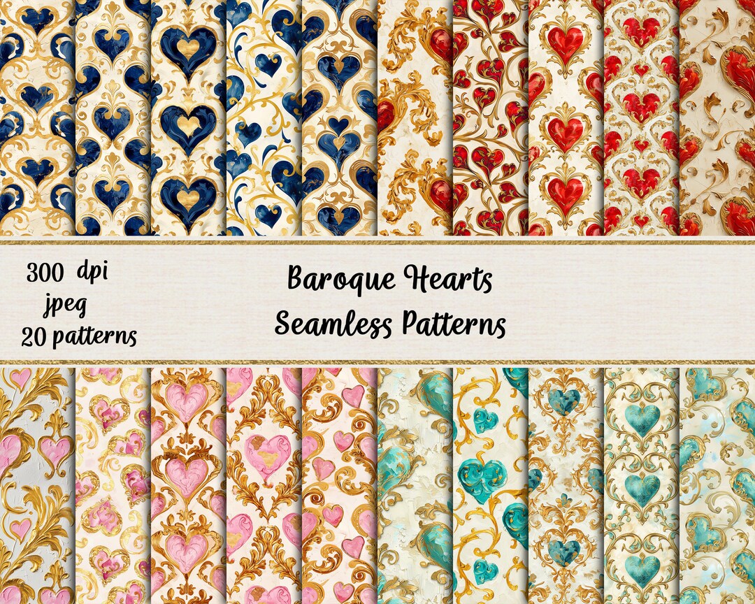 Baroque Hearts Seamless Patterns, Printable Scrapbook Paper, Valentine ...