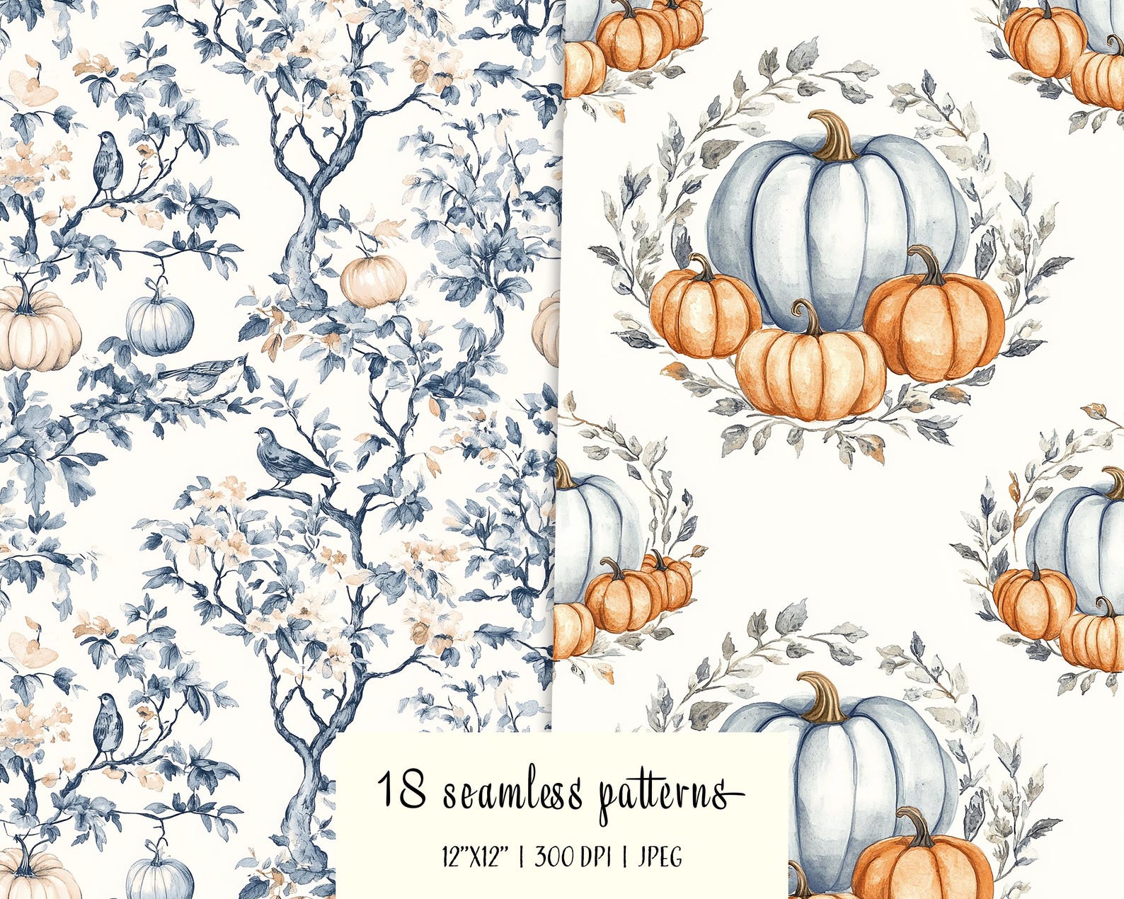 Fall Seamless Patterns: Pumpkin Toile & Chinoiserie Prints (commercial ...