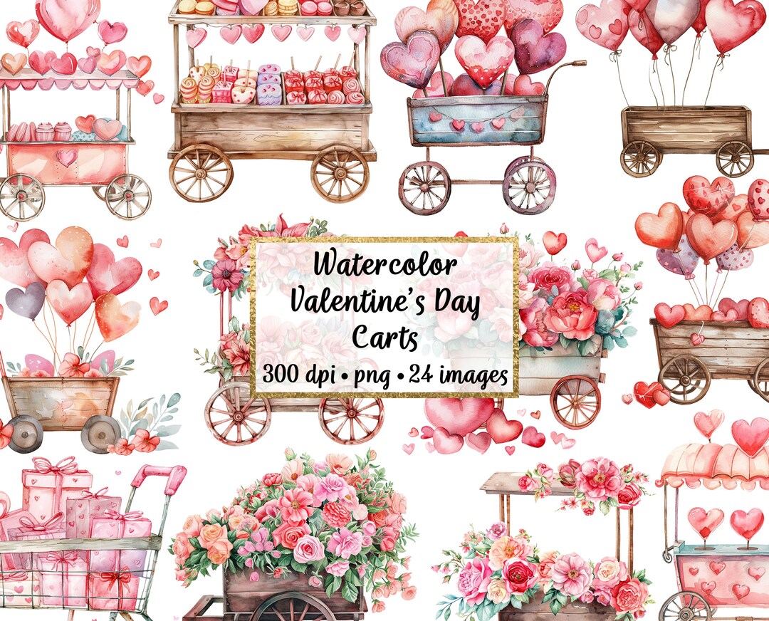Watercolor Valentine's Day Carts Clipart - Etsy