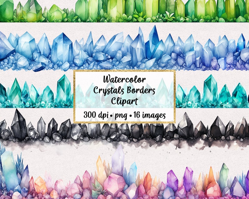 Watercolor Crystals Borders, Printable Crystals Clipart, Commercial Use ...