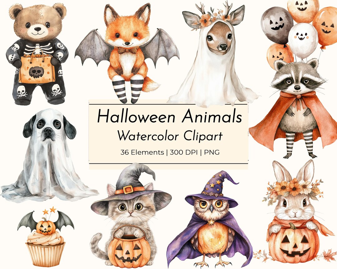 Watercolor Halloween Animal Clipart – Costumed Animals PNG Bundle - Etsy