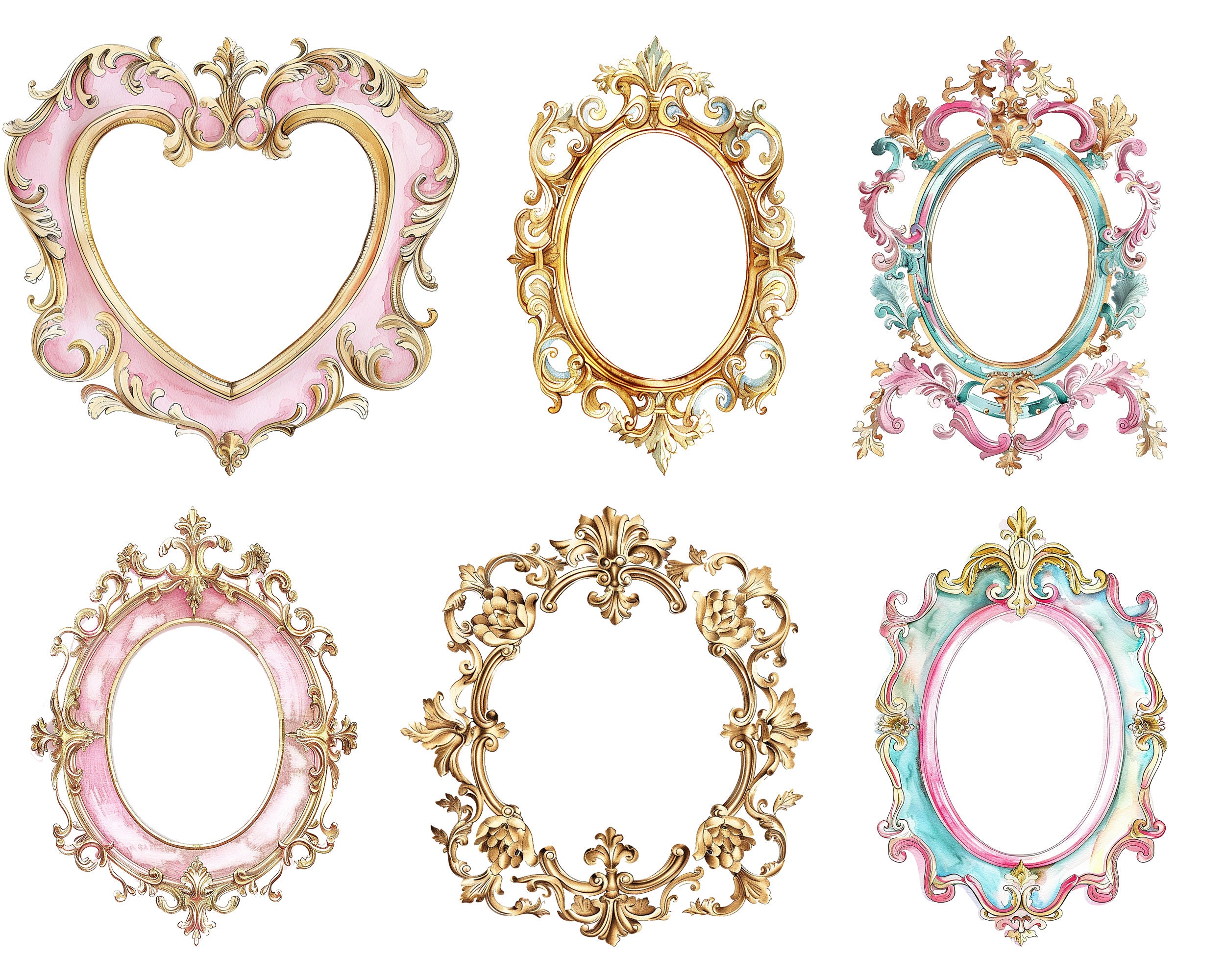Watercolor Rococo Frames Clipart: Pink, Turquoise & Gold (PNG Digital ...