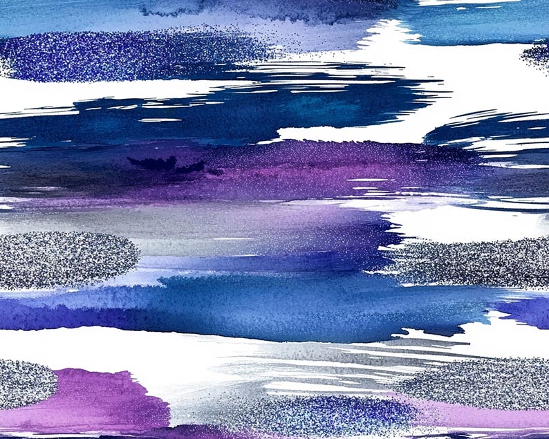 Watercolor Brush Strokes Seamless Patterns, Purple, Blue and Silver ...