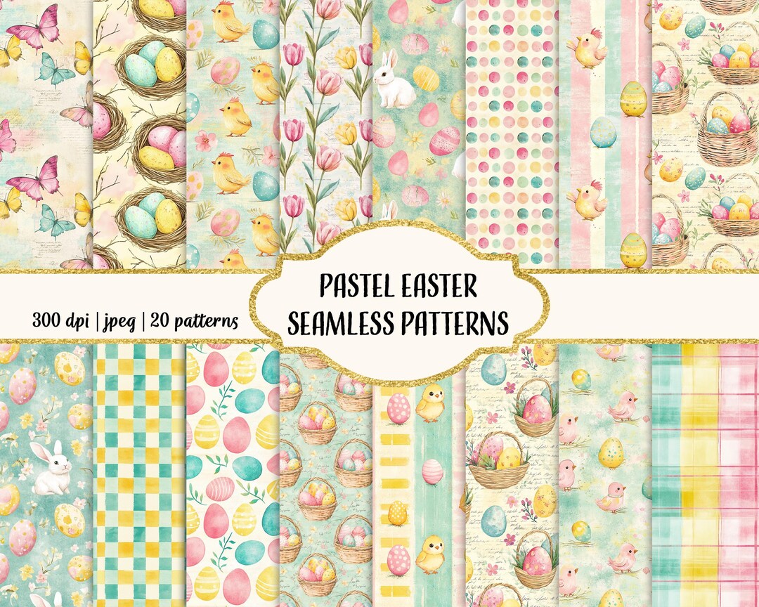 Pastel Easter Seamless Patterns, Printable Scrapbook Paper, Watercolor ...