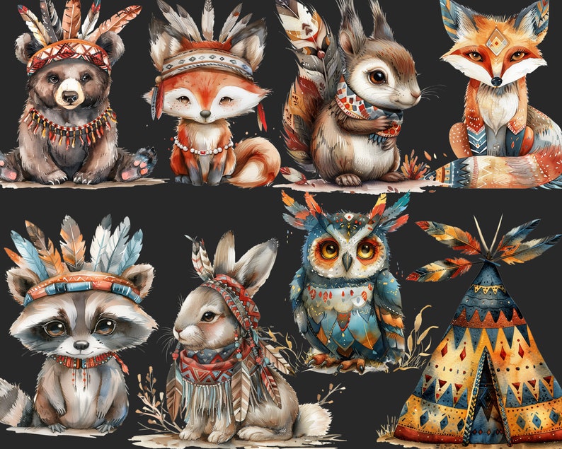 Watercolor Tribal Animals Clipart, PNG Images (digital Download) - Etsy