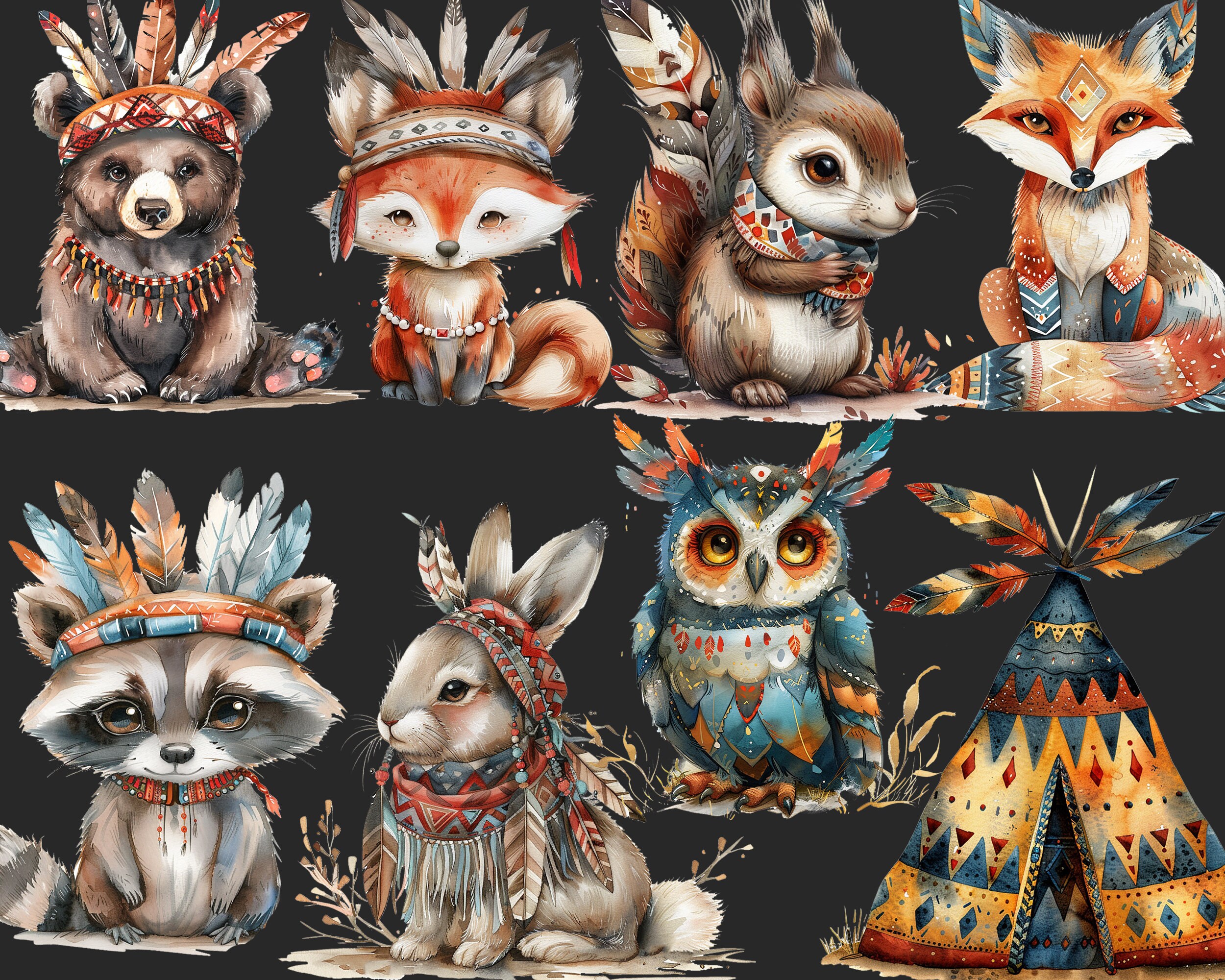 Watercolor Tribal Animals Clipart, PNG Images (digital Download) - Etsy