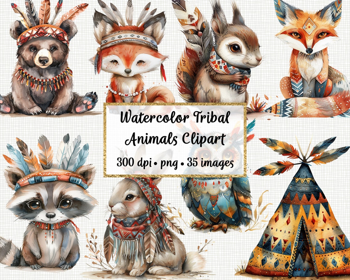 Watercolor Tribal Animals Clipart, PNG Images (digital Download) - Etsy