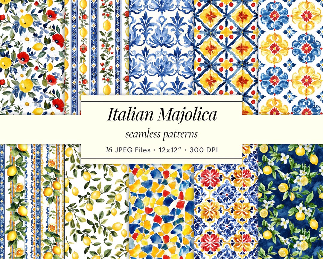 Italian Majolica Seamless Patterns – Mediterranean Tile & Lemon Digital ...