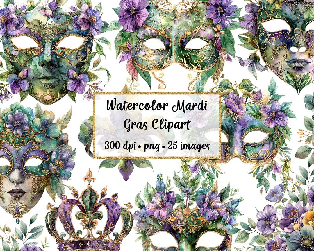 Watercolor Mardi Gras Masks Clipart, Commercial Use - Etsy