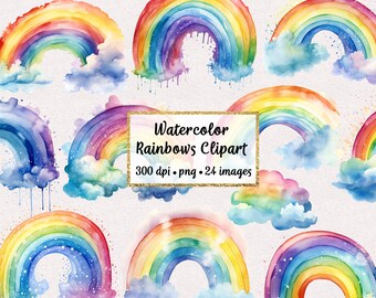 Watercolor Rainbow Clipart, Clouds Clipart, Sky Clipart, Weather ...
