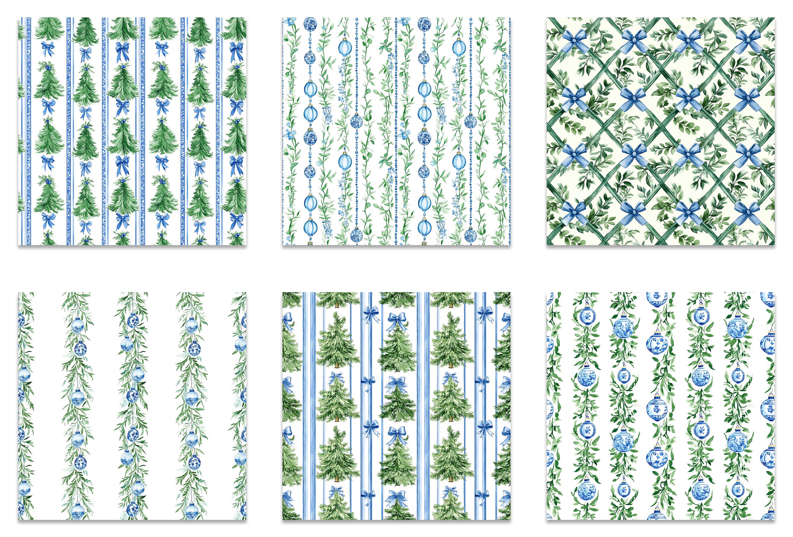 Watercolor Blue Chinoiserie Christmas, Seamless Patterns, Instant ...