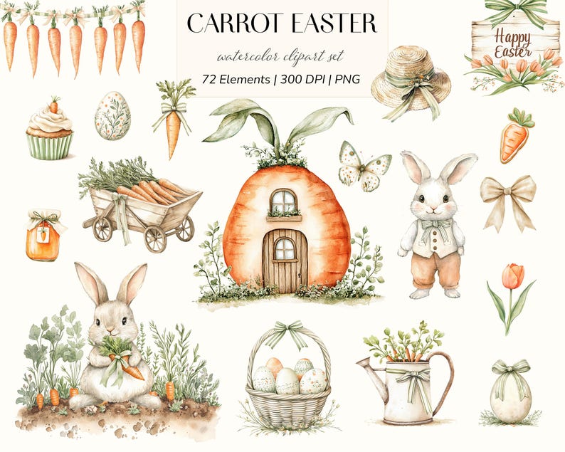 Carrot Easter Watercolor Clipart Set | Easter Bunnies PNG Bundle - Etsy