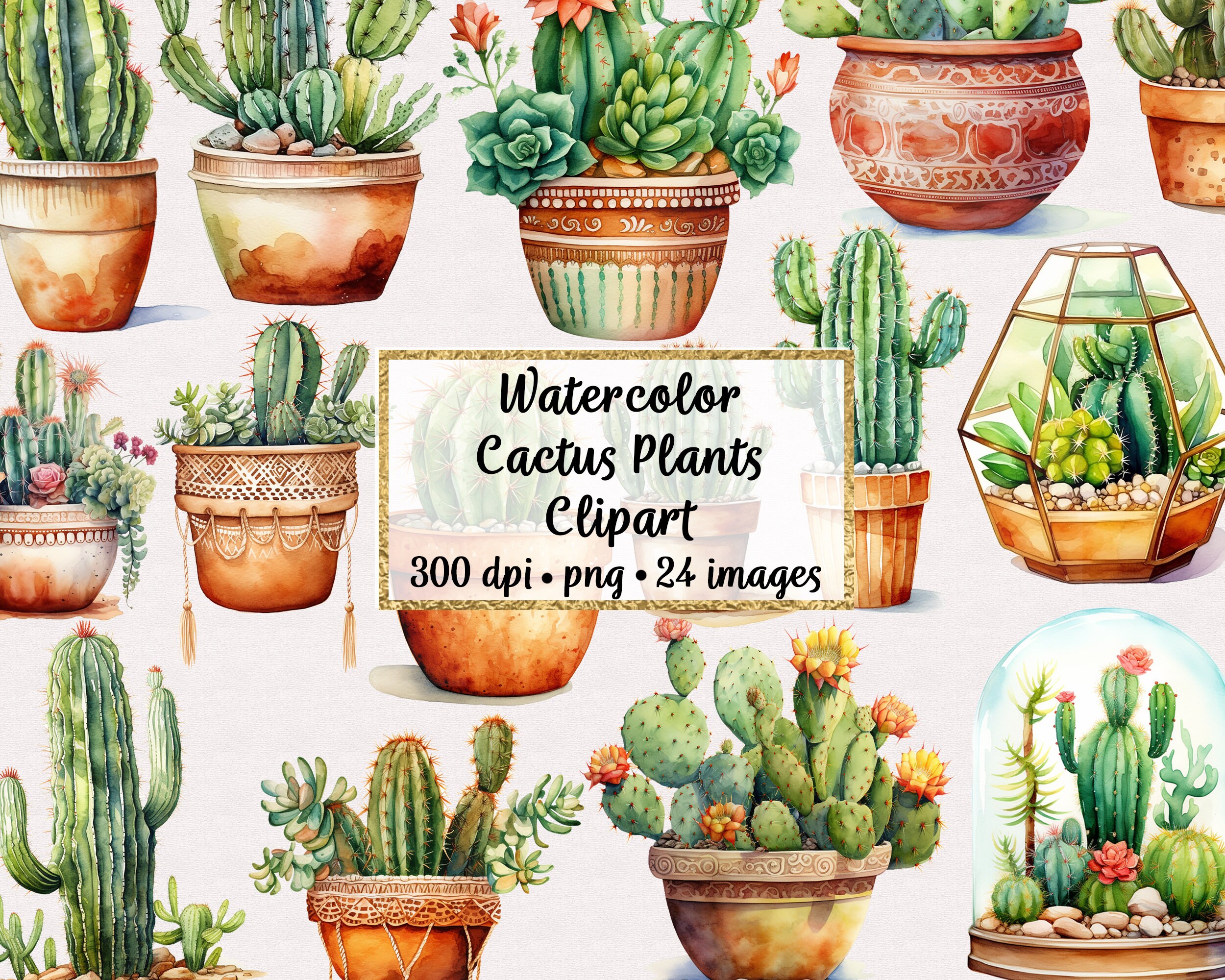 Watercolor Boho Cactus Plants Clipart - Etsy